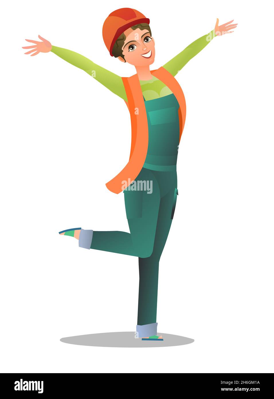 Woman builder in vest and protective helmet. Girl worker. Cheerful ...