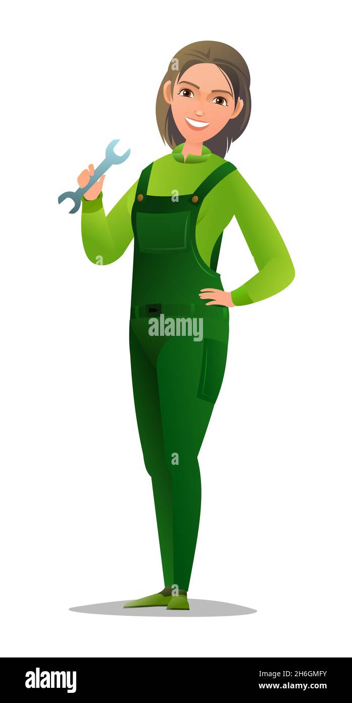 Woman in overalls. Service girl. Handyman, locksmith or repairman ...