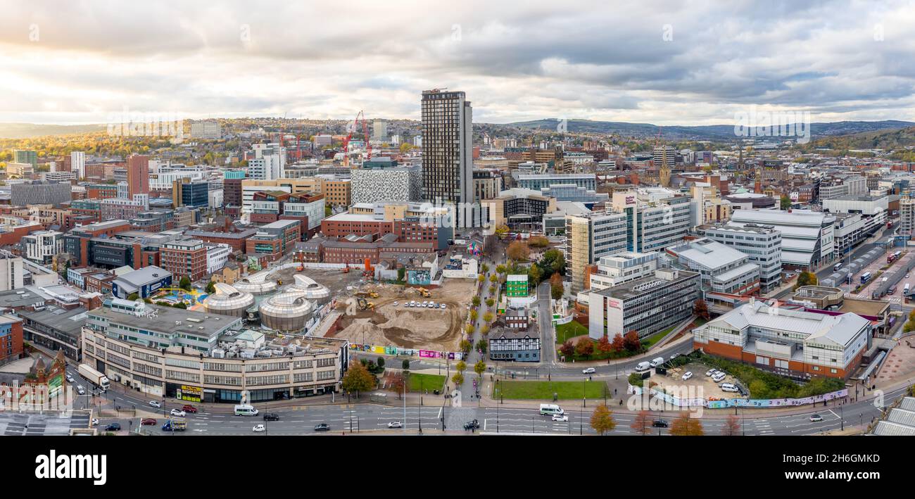 An aerial panorama view of Sheffield city centre at sunset Stock Photo ...