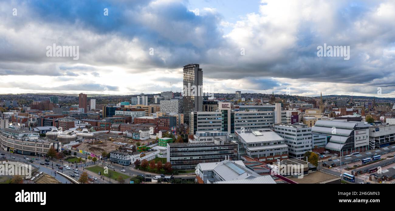 An aerial panorama view of Sheffield city centre at sunset Stock Photo ...