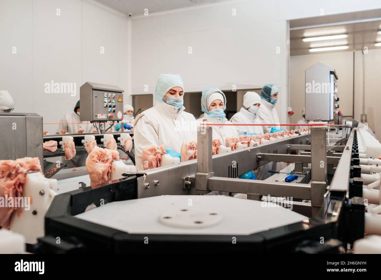 Meat processing plant.Industrial equipment at a meat factory.Modern ...