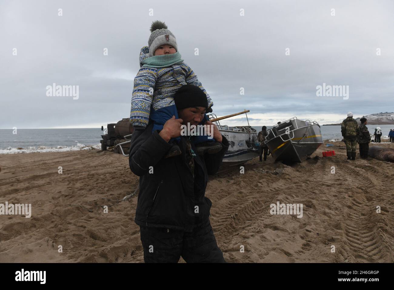 Russia, Chukotka Autonomous Okrug. Walrus hunting. Indigenous people of ...