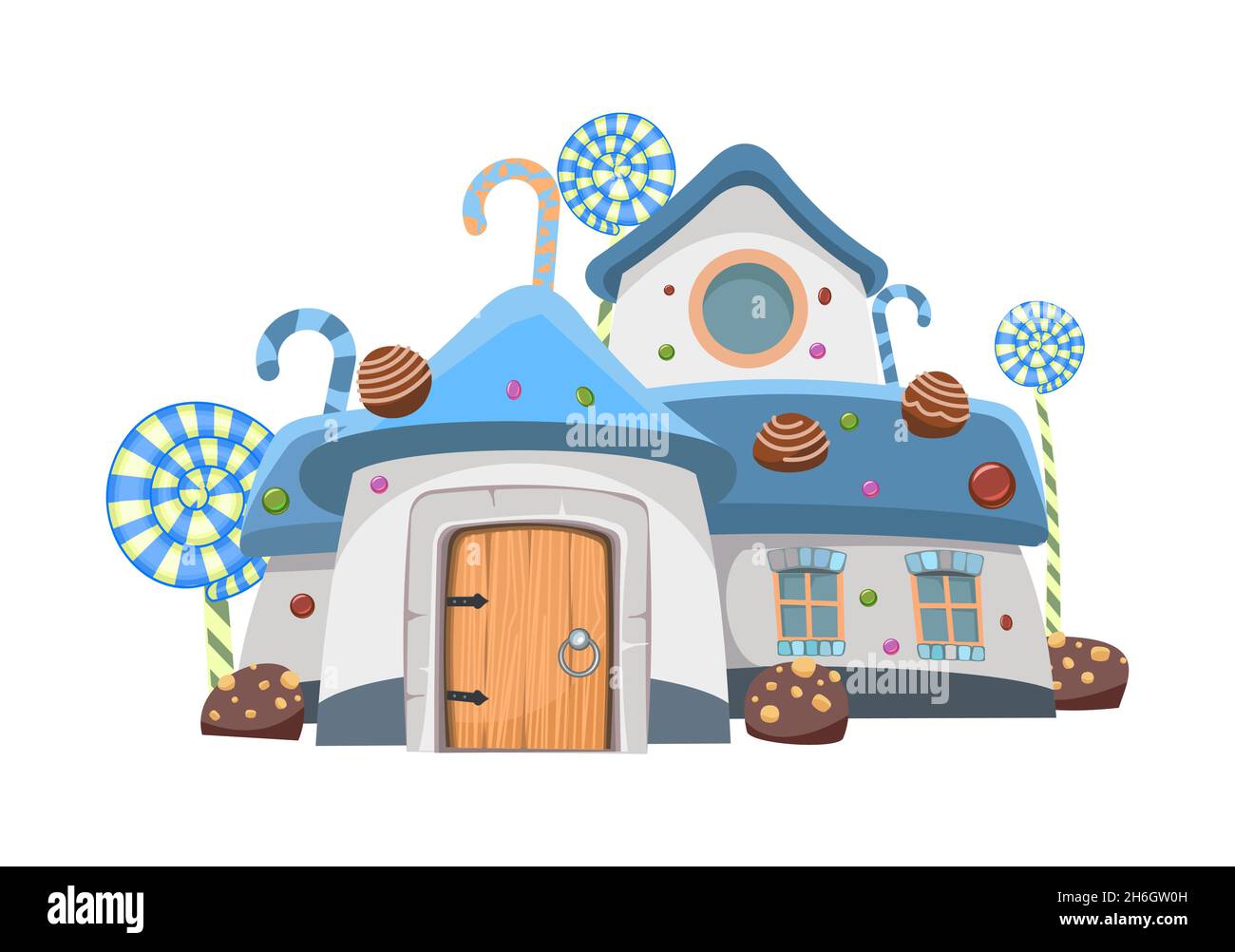 Chocolate with nuts near sweet caramel fairy house. Illustration in ...