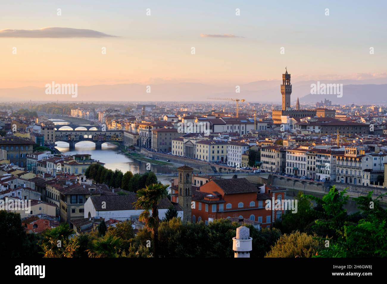 a view of the sunset in Firenze (Florence) from the high with the Arno ...