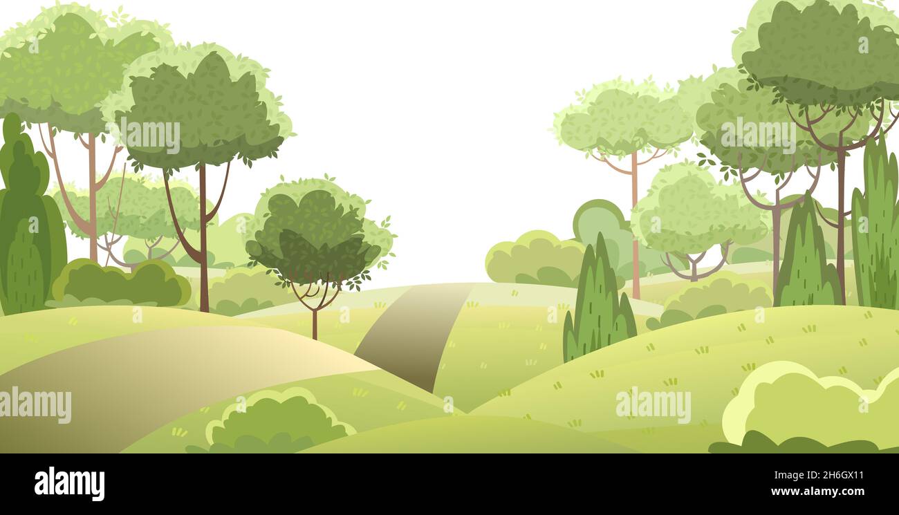 Road. Amusing beautiful forest landscape. Trail. Cartoon style. Leaves ...