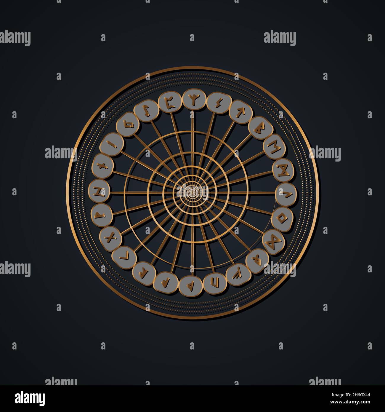 Set of old Norse runes circles. Gold Runic wheel alphabet, Futhark ...