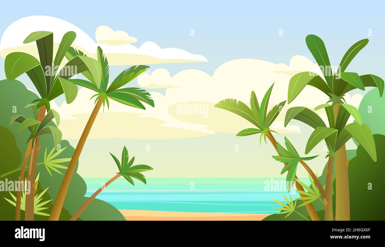 Cute tropical beach with palm trees. Sand and sea horizon. Cartoon flat ...