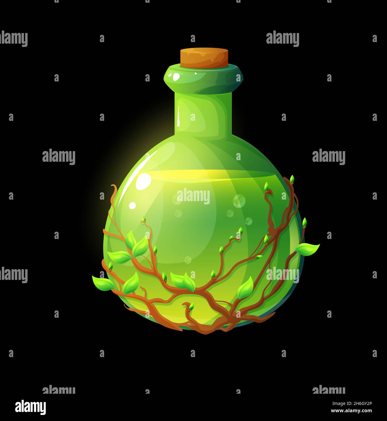 Potion bottle with leaves and branches, cartoon magic elixir flask with ...