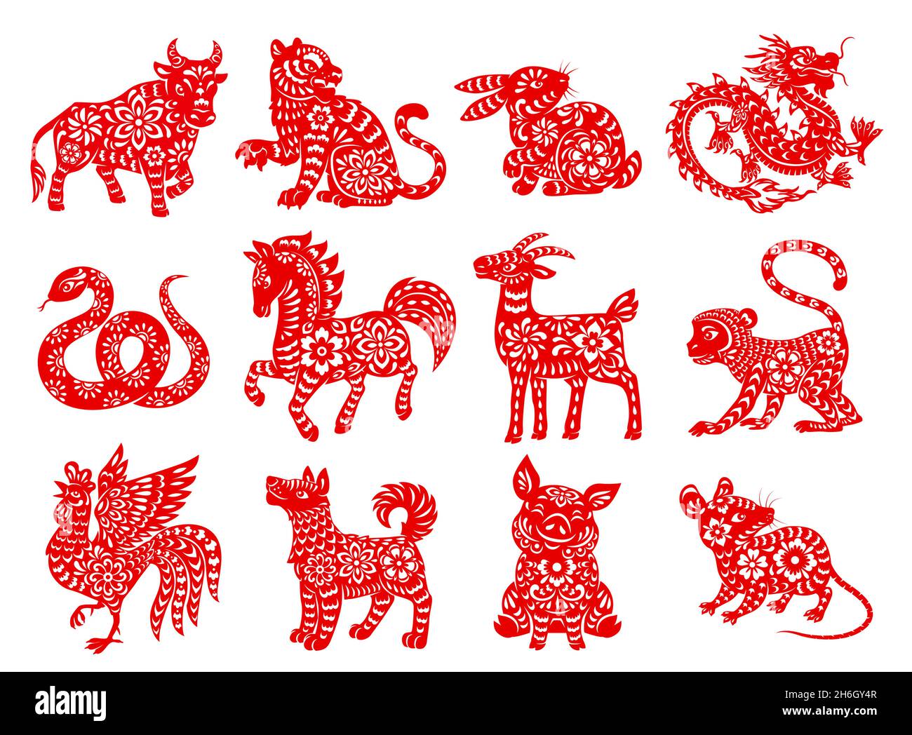 Chinese Zodiac horoscope animals, red papercut characters. Vector ...