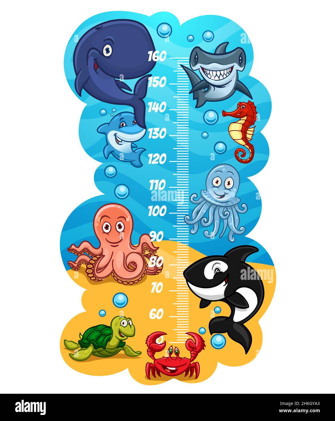 Kids height chart with funny sea animals, growth meter or children ...