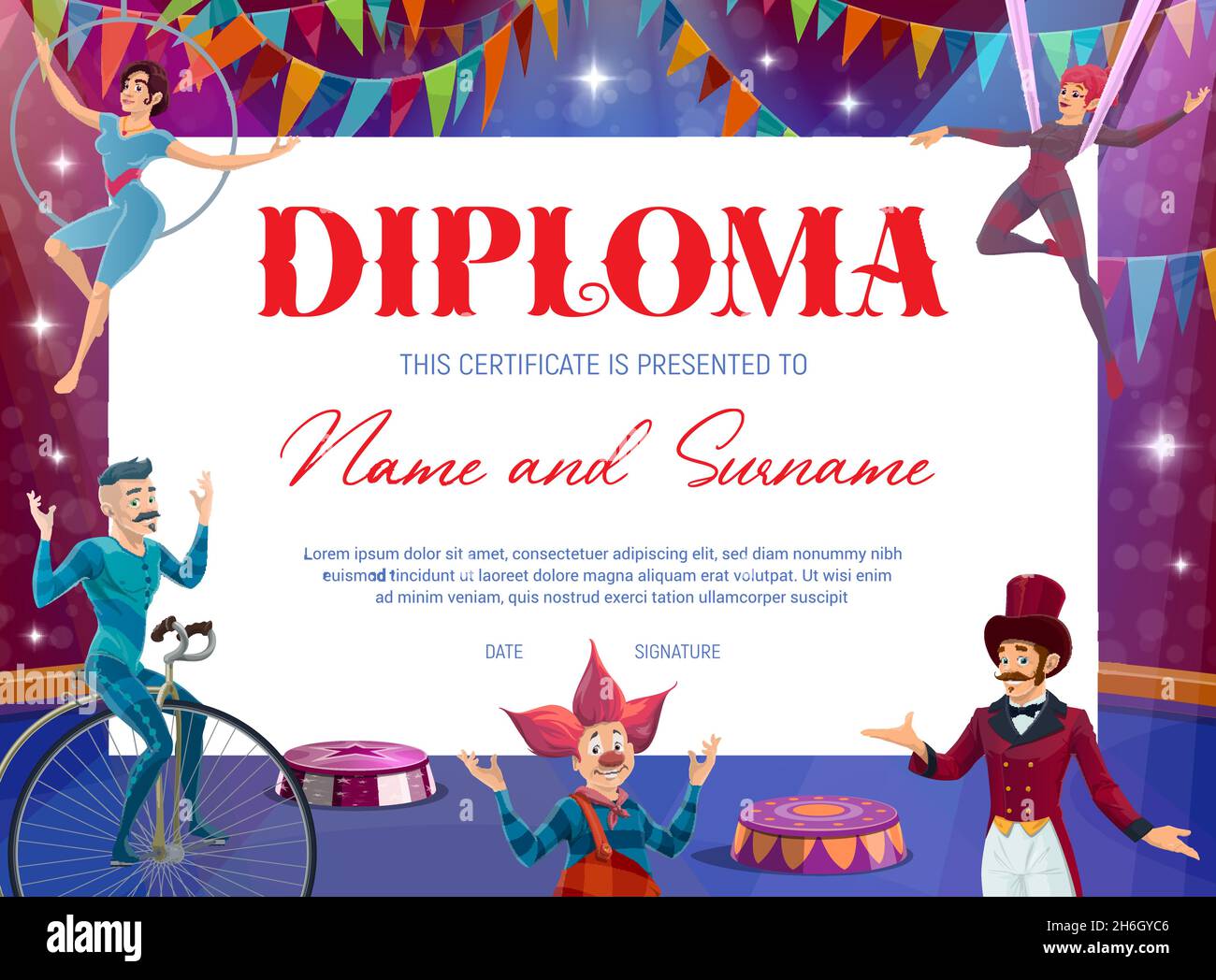Kids diploma with circus stage and characters vector background ...
