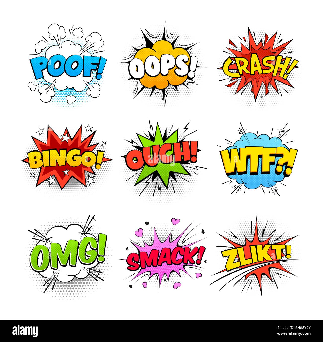 Cartoon comics speech bubbles of vector sound effect halftone balloons ...