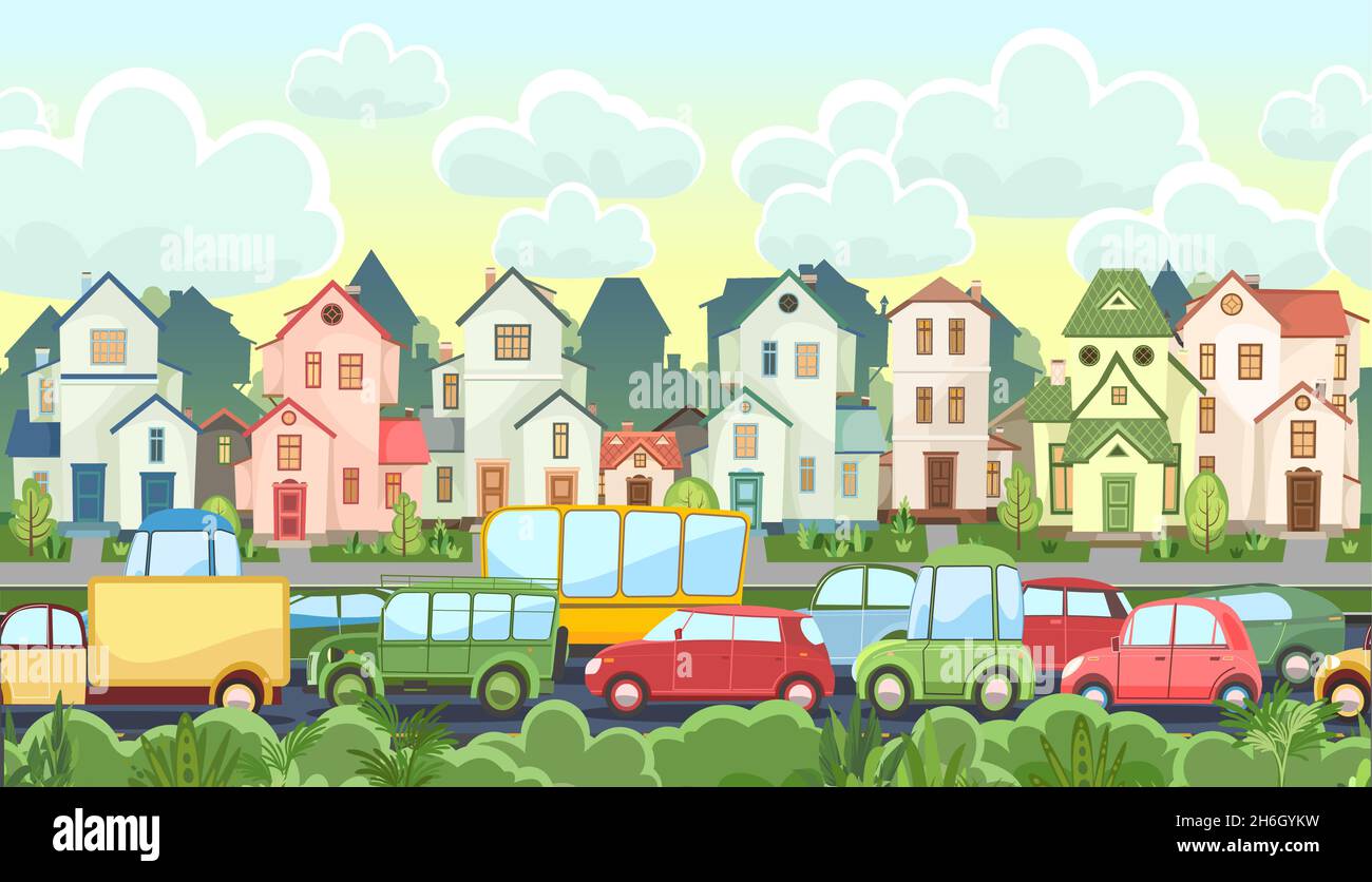 Heavy traffic on road. Seamless horizontal cartoon illustration ...