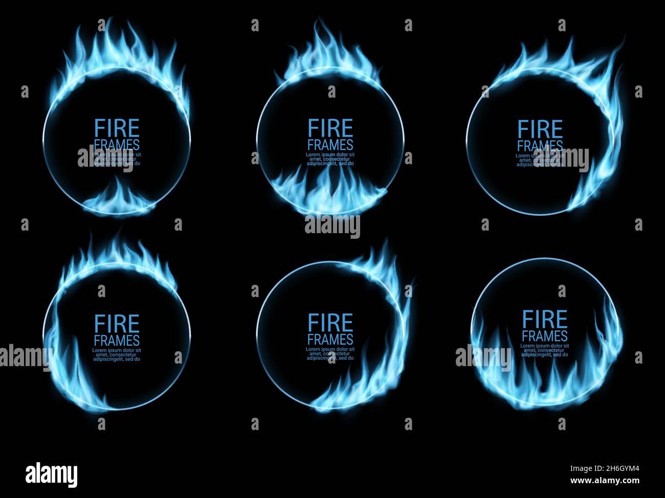 Round frames of blue gas fire flames in circle rings, vector. Blue gas ...
