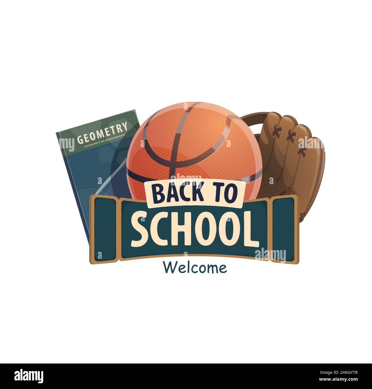 Back to school icon, vector emblem with baseball glove, basketball ball ...