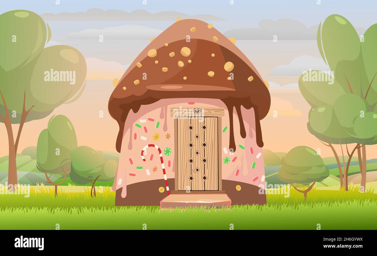 Chocolate Candy hut on meadow with garden trees.. Sweet caramel fairy ...