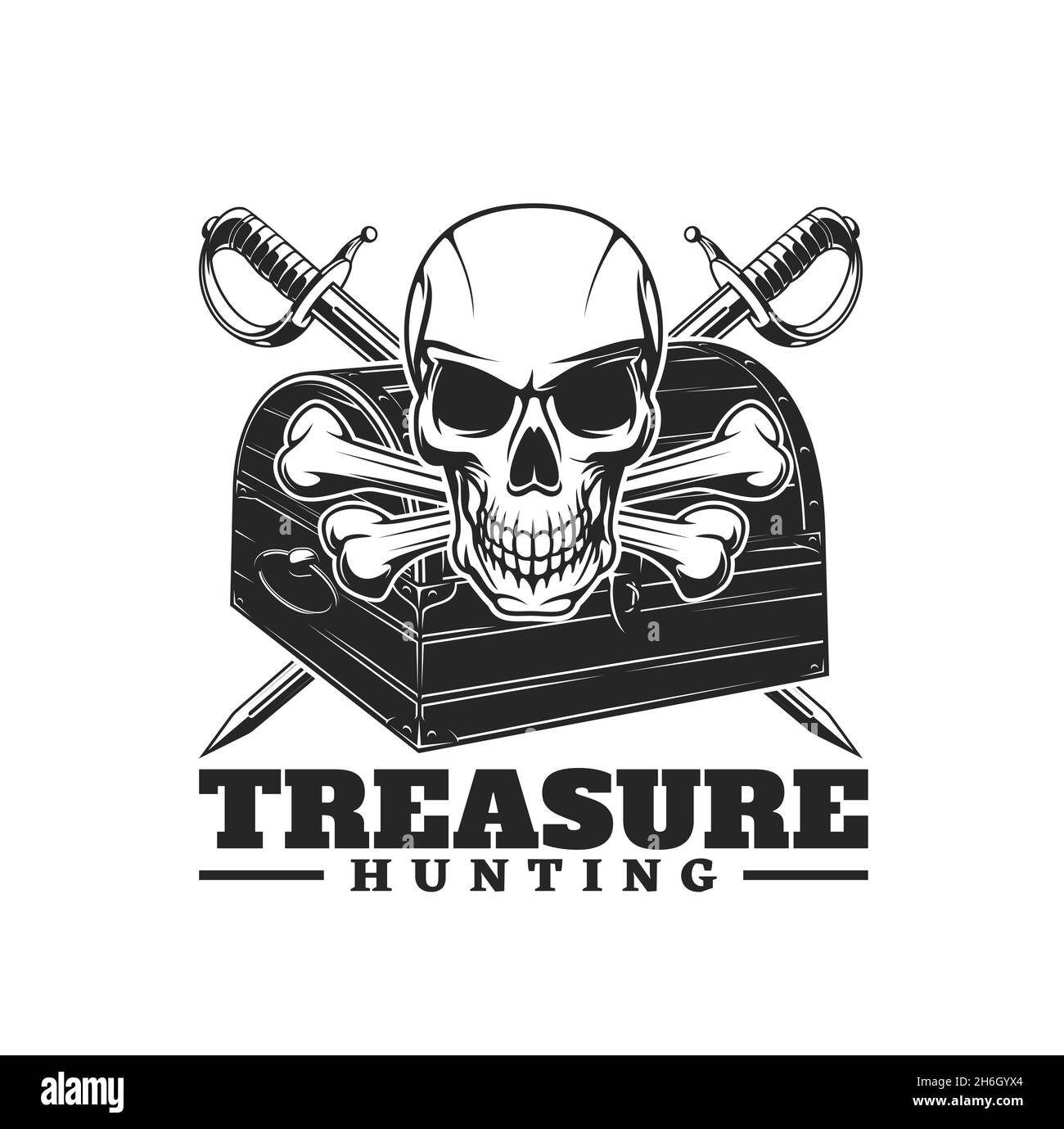 Treasure hunting icon, chest, skull and sabers. Vector emblem with ...