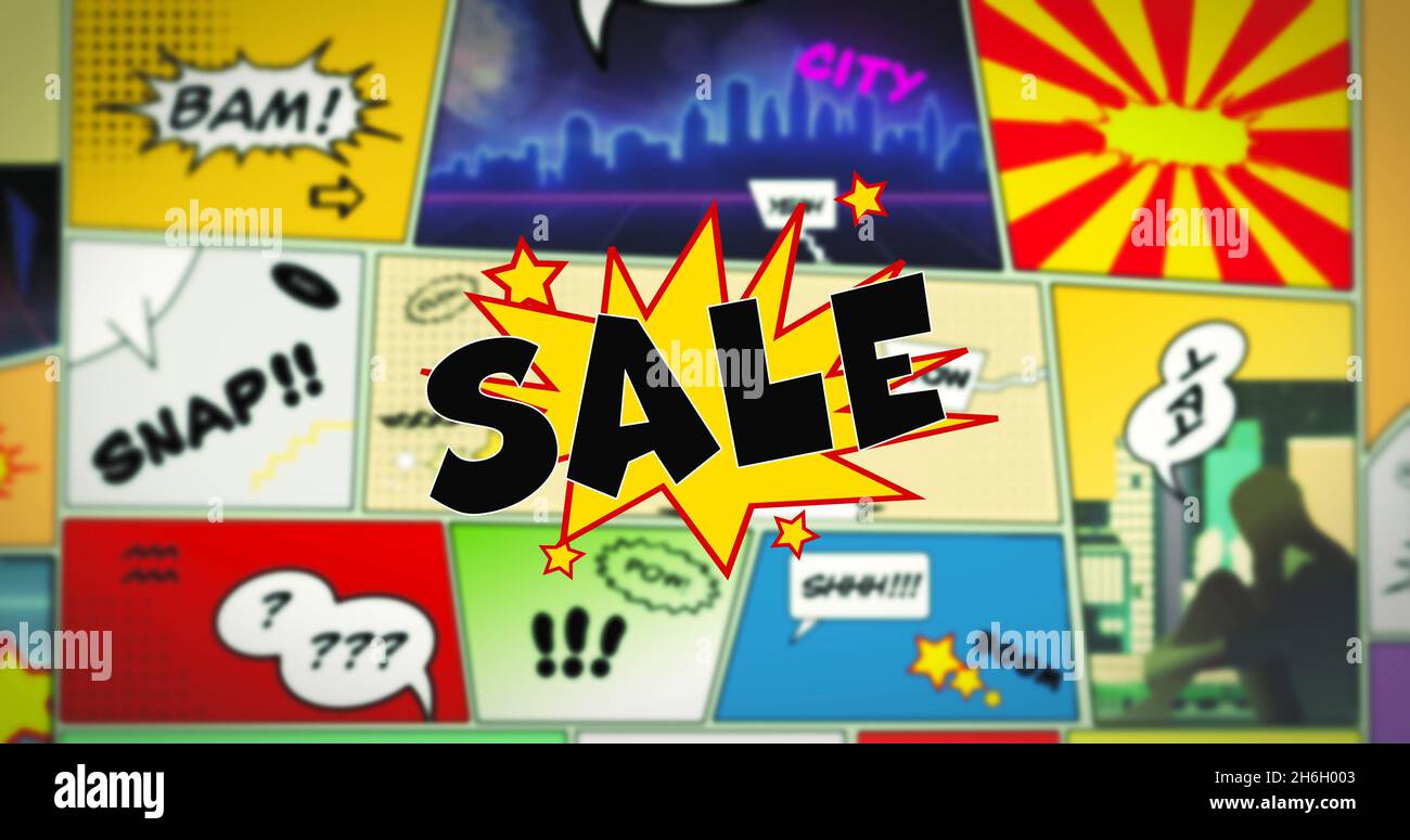 Bright colorful cartoon comic background with a sale sign Stock Photo ...