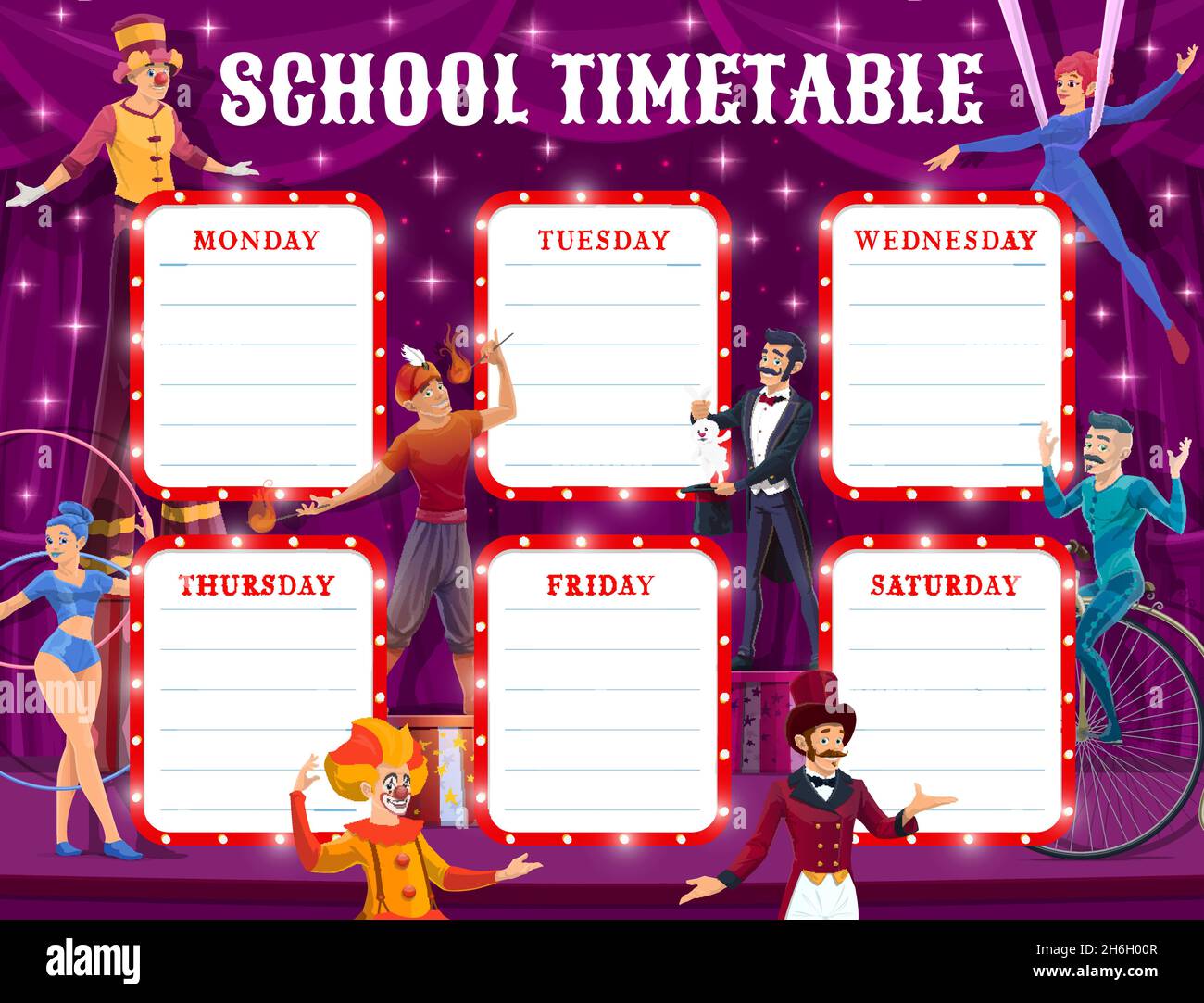 Cartoon circus education timetable schedule. Vector planner of school ...