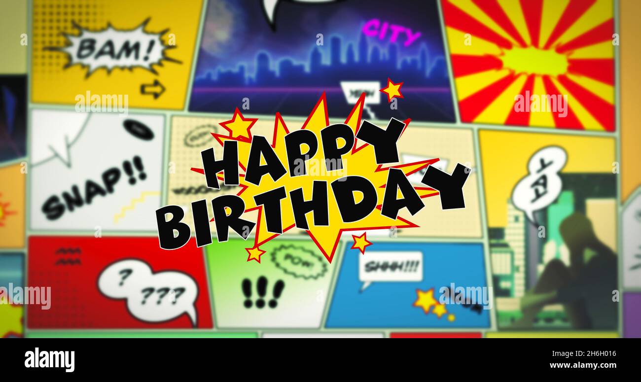Bright colorful cartoon comic background with a happy birthday sign ...