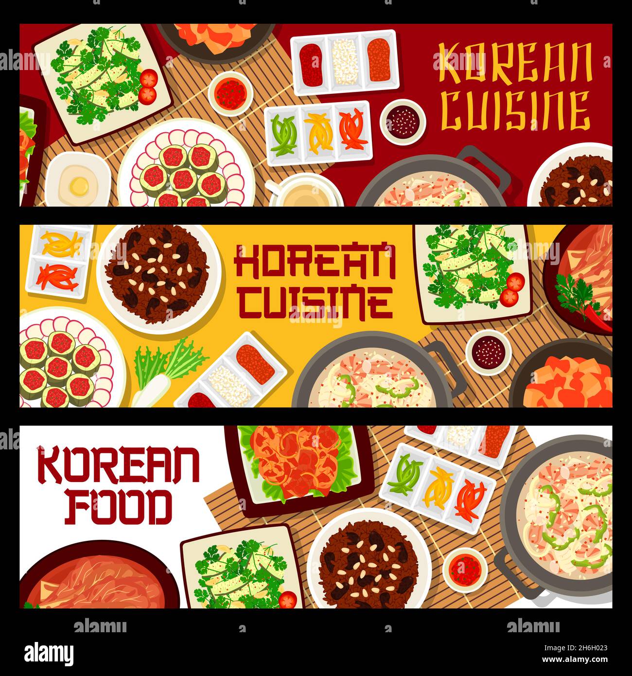 Korean food banners, Asian cuisine menu, vector soup bowls, Korea rice ...