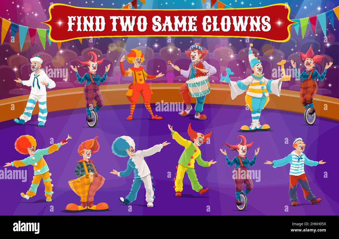 Find two same circus clowns, vector kids maze and education game ...