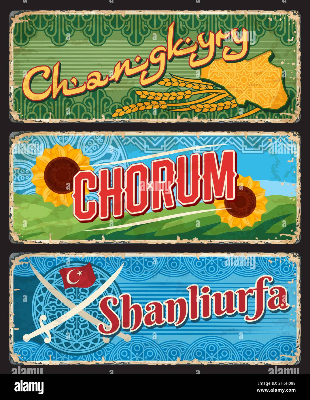 Corum, Cankiri and Sanliurfa Turkish il province plates. Vector map ...