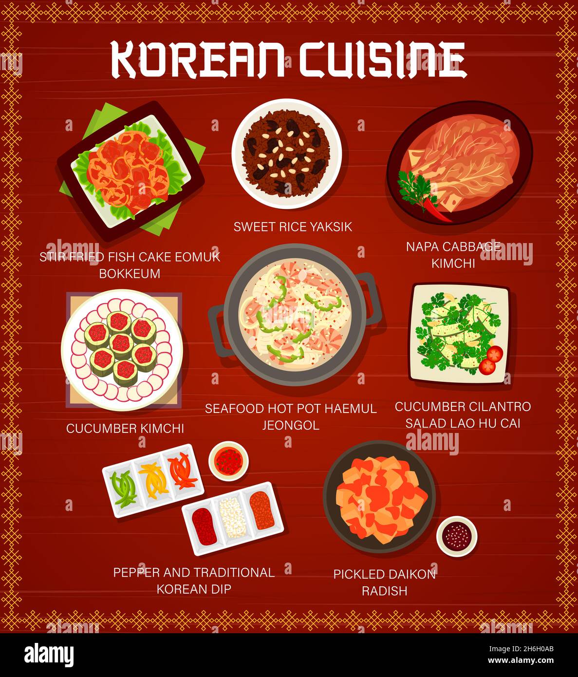 Korean cuisine food menu and Korea Asian dishes meals, vector rice ...