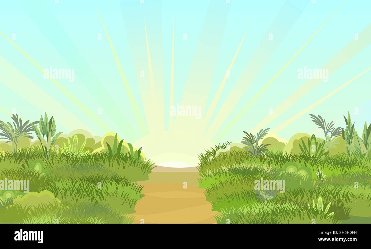 Rural road obliquely to Green Glade. Summer meadow. Trail. Juicy grass ...