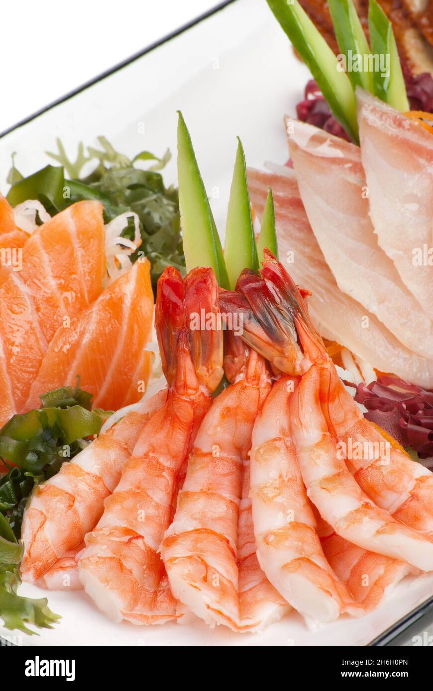 Set of Sashimi on Daikon with Seaweed, Cucumber Stock Photo - Alamy