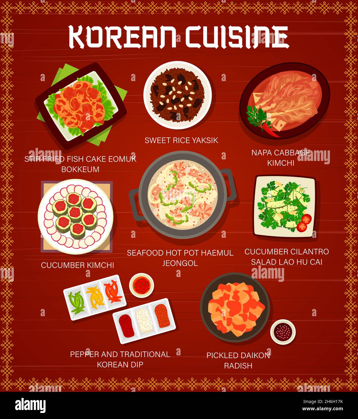 Korean cuisine food menu and Korea Asian dishes meals, vector rice ...