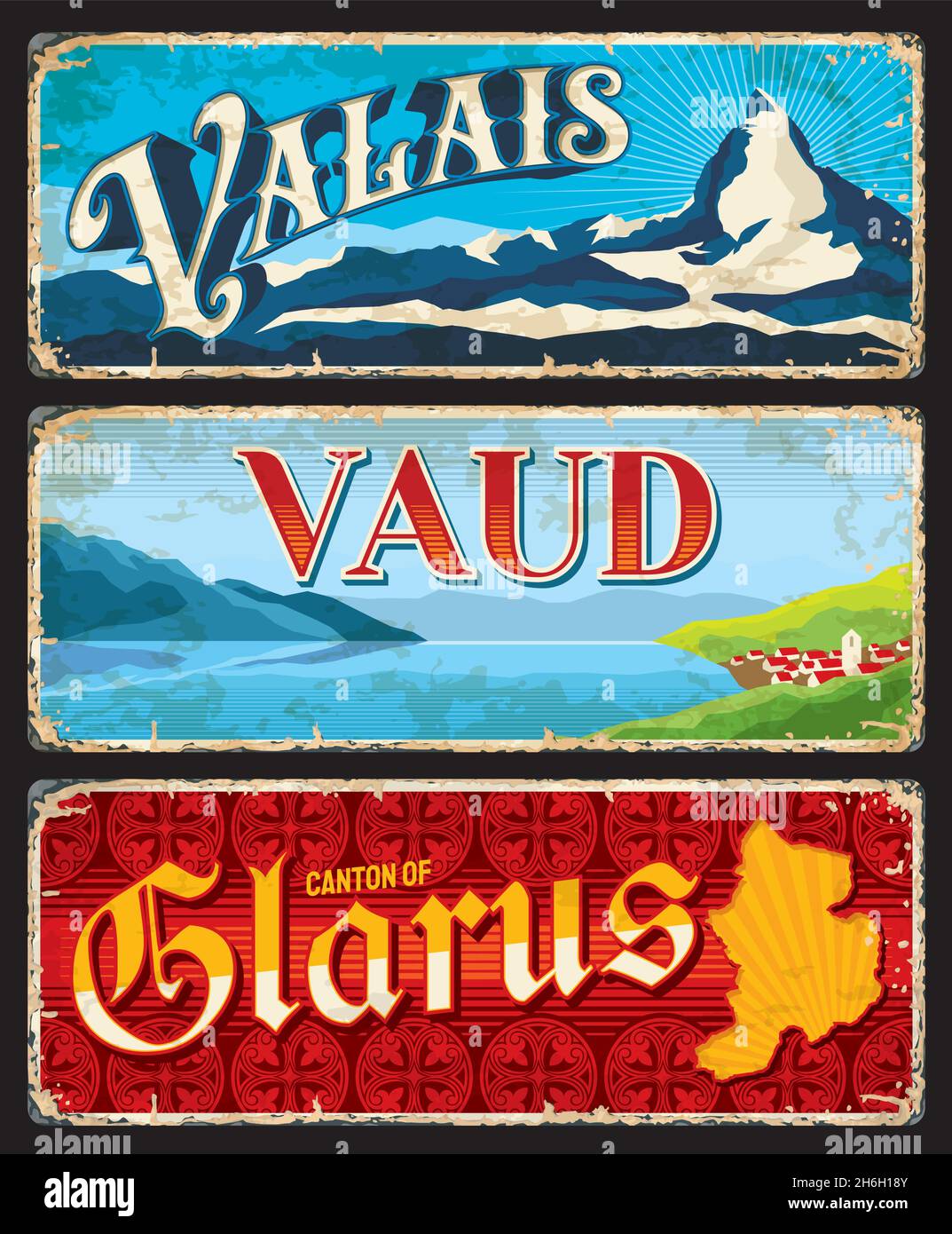 Valais, Vaud and Glarus Swiss cantons plates. Vector vintage banners ...