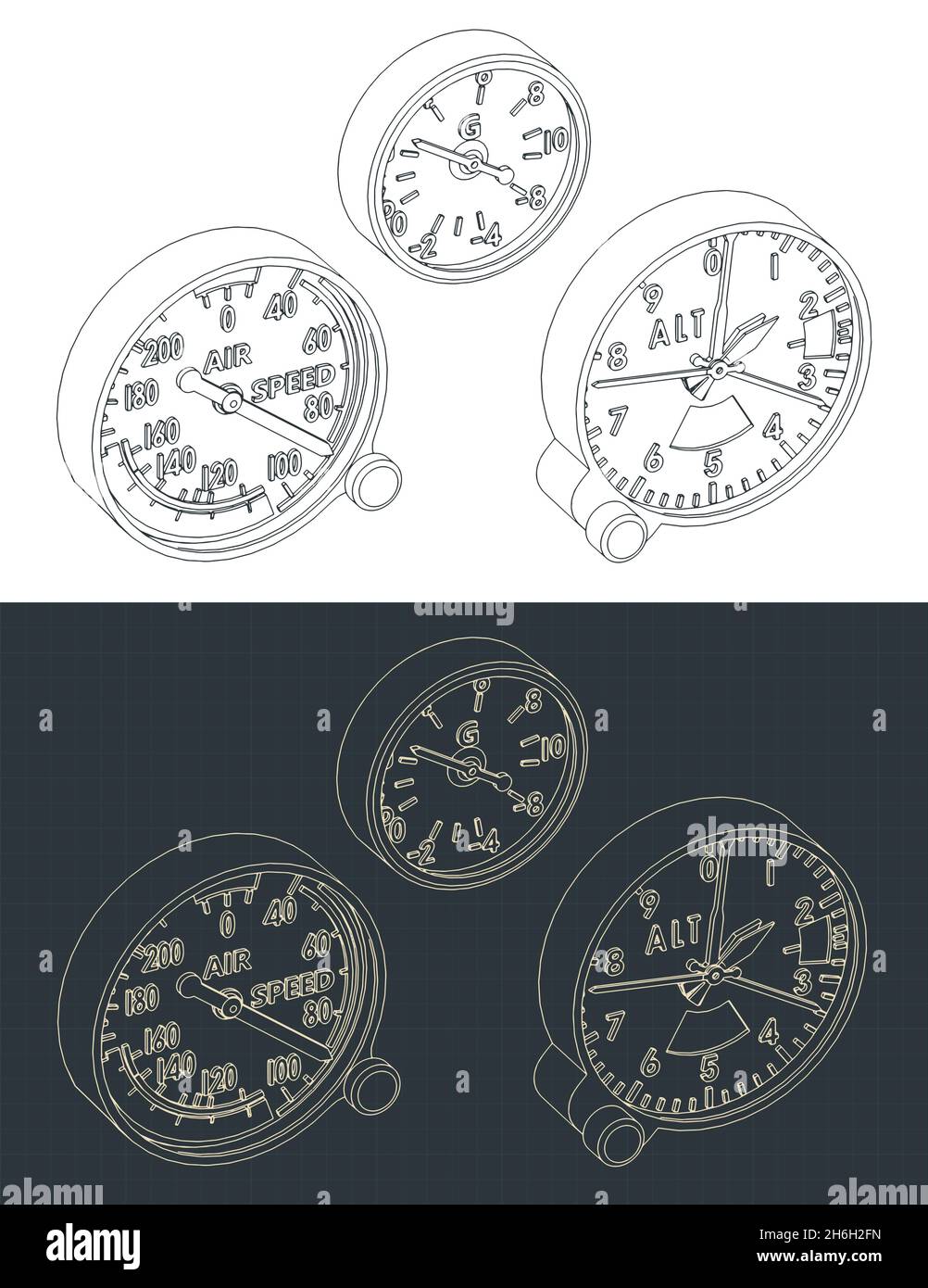 Stylized vector illustration of isometric blueprints of aviation ...