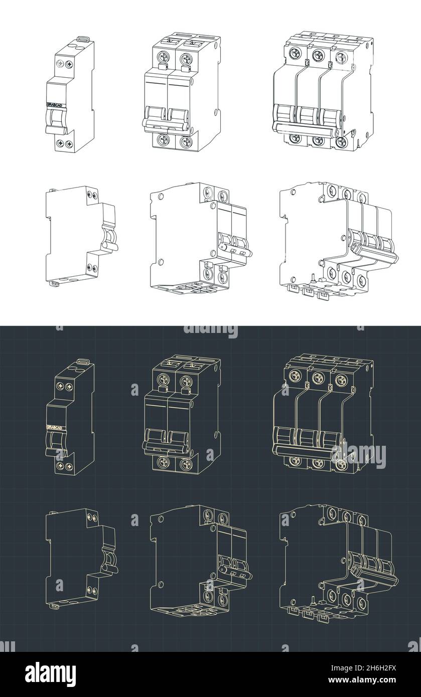 Stylized vector illustration of blueprints of circuit breakers set ...