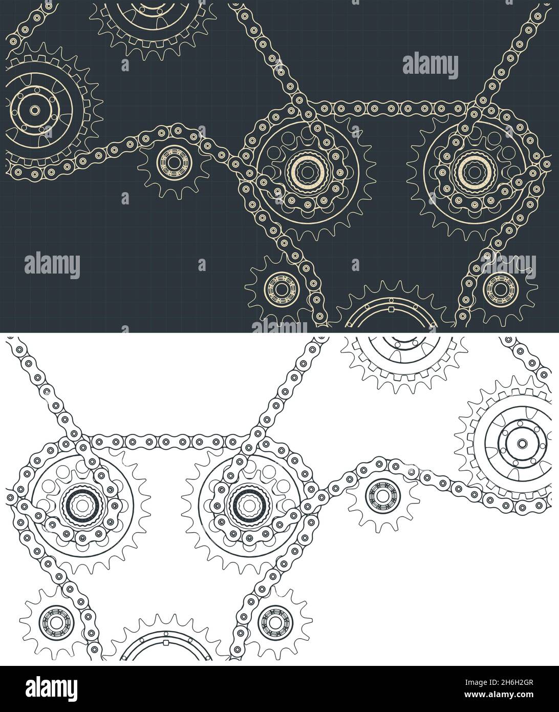 Stylized vector illustration of drawings of chain drive and gears Stock ...
