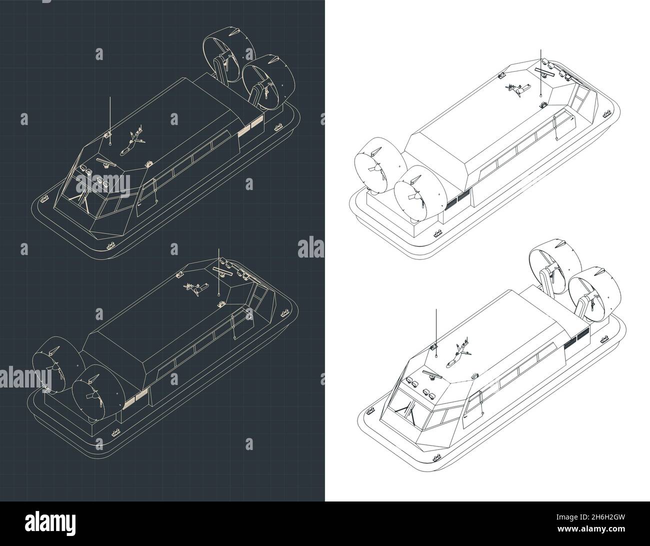 Stylized vector illustration of isometric blueprints of hovercraft ...