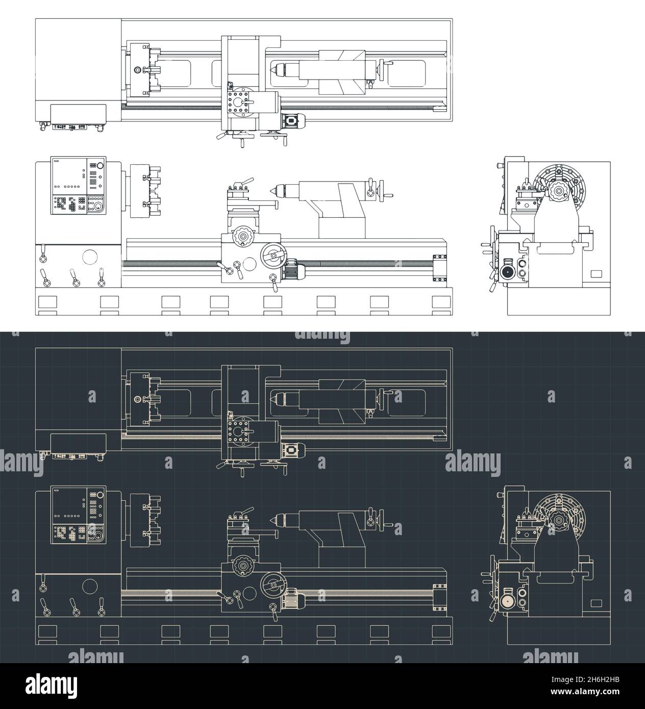 Stylized vector illustration of blueprints of mechanical lathe Stock ...