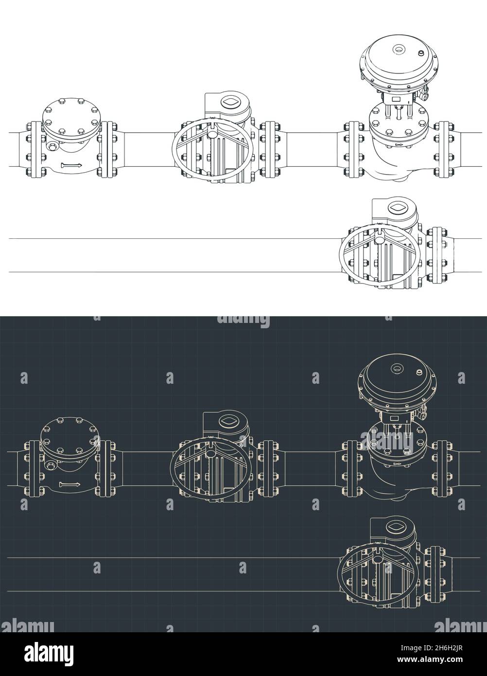 Stylized vector illustration of isometric blueprints of control valve ...