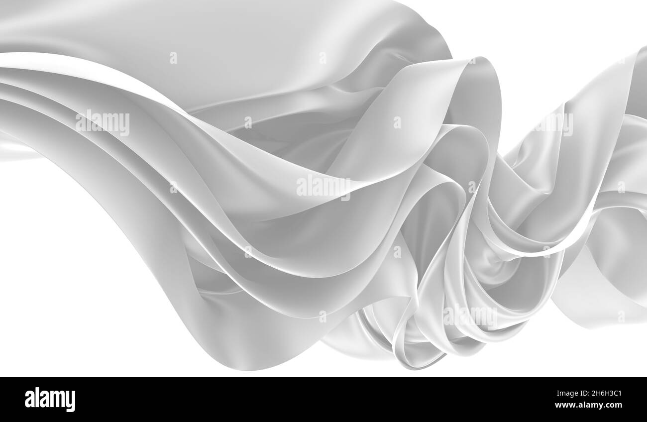 Beautiful flowing cloth flying in the wind. White wavy silk or satin ...