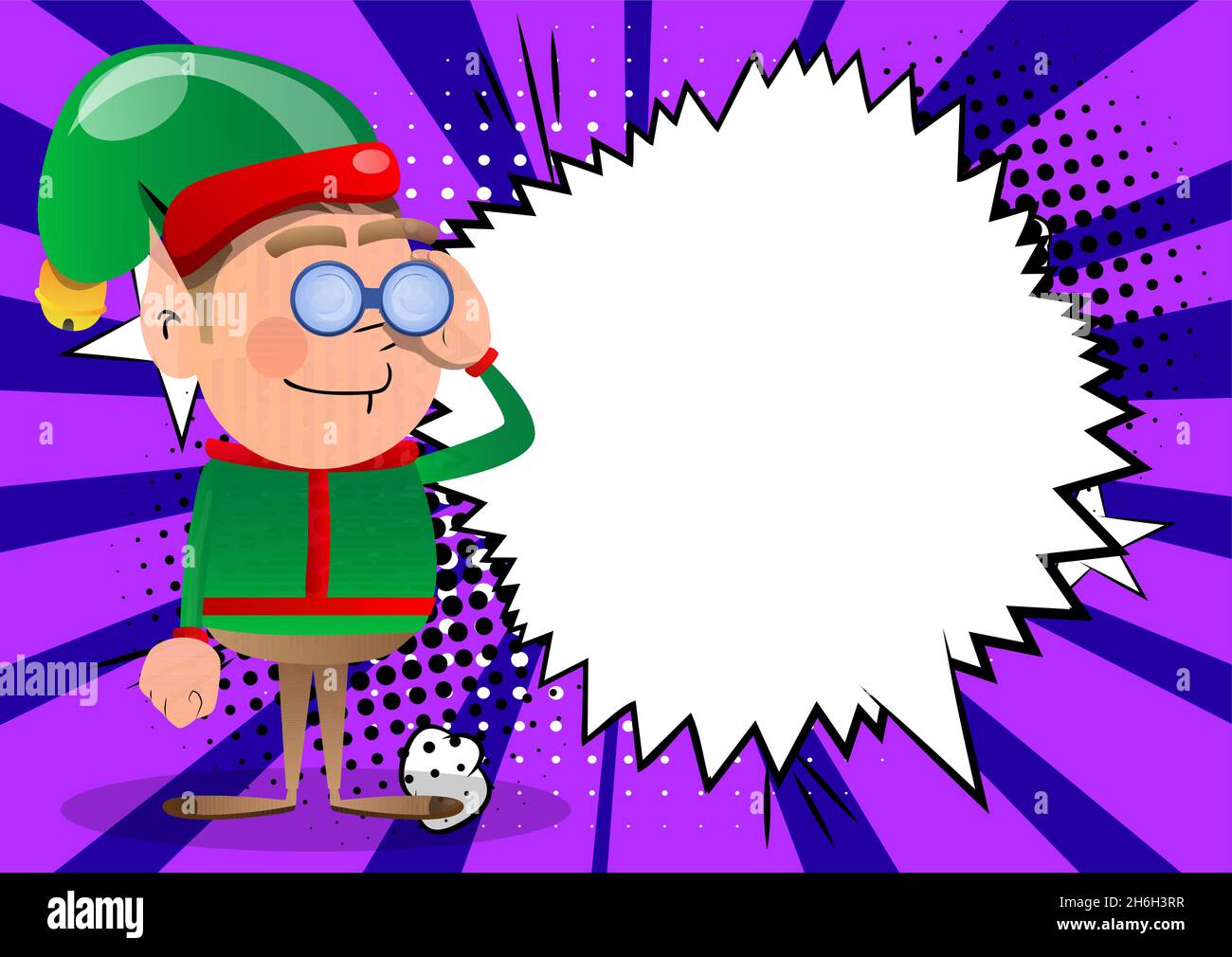 Christmas Elf looking through binoculars. Vector cartoon character ...
