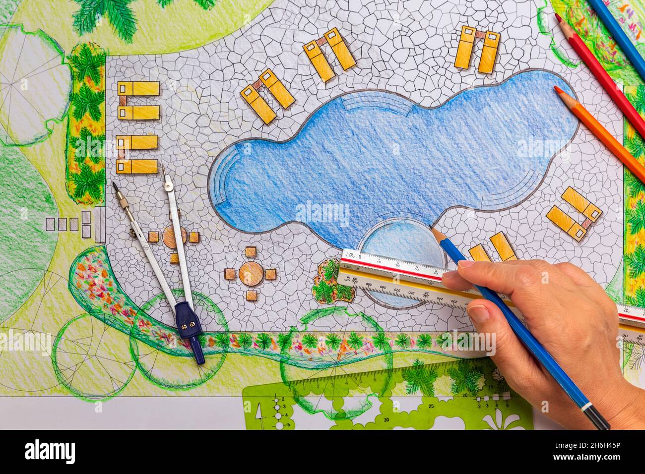 Landscape architect student design backyard pool plan for hotel Stock ...