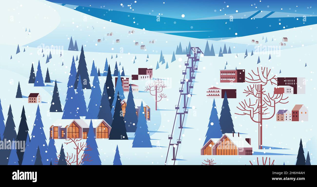 cableway in snowy mountains residential houses area ski resort ...