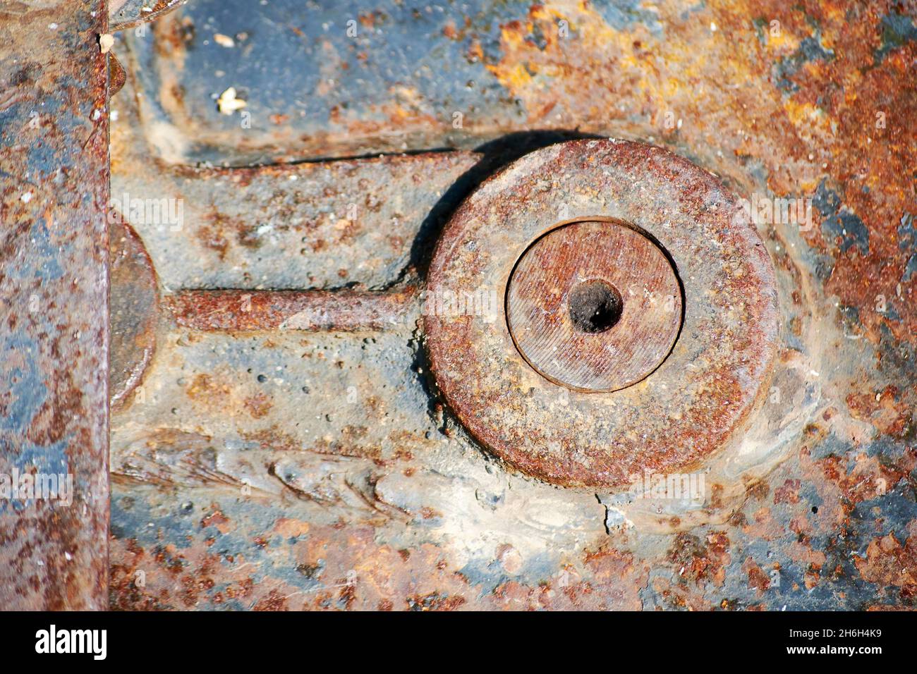 Old metal rusty jack-screw for railway carriage and wheels. Industrial ...