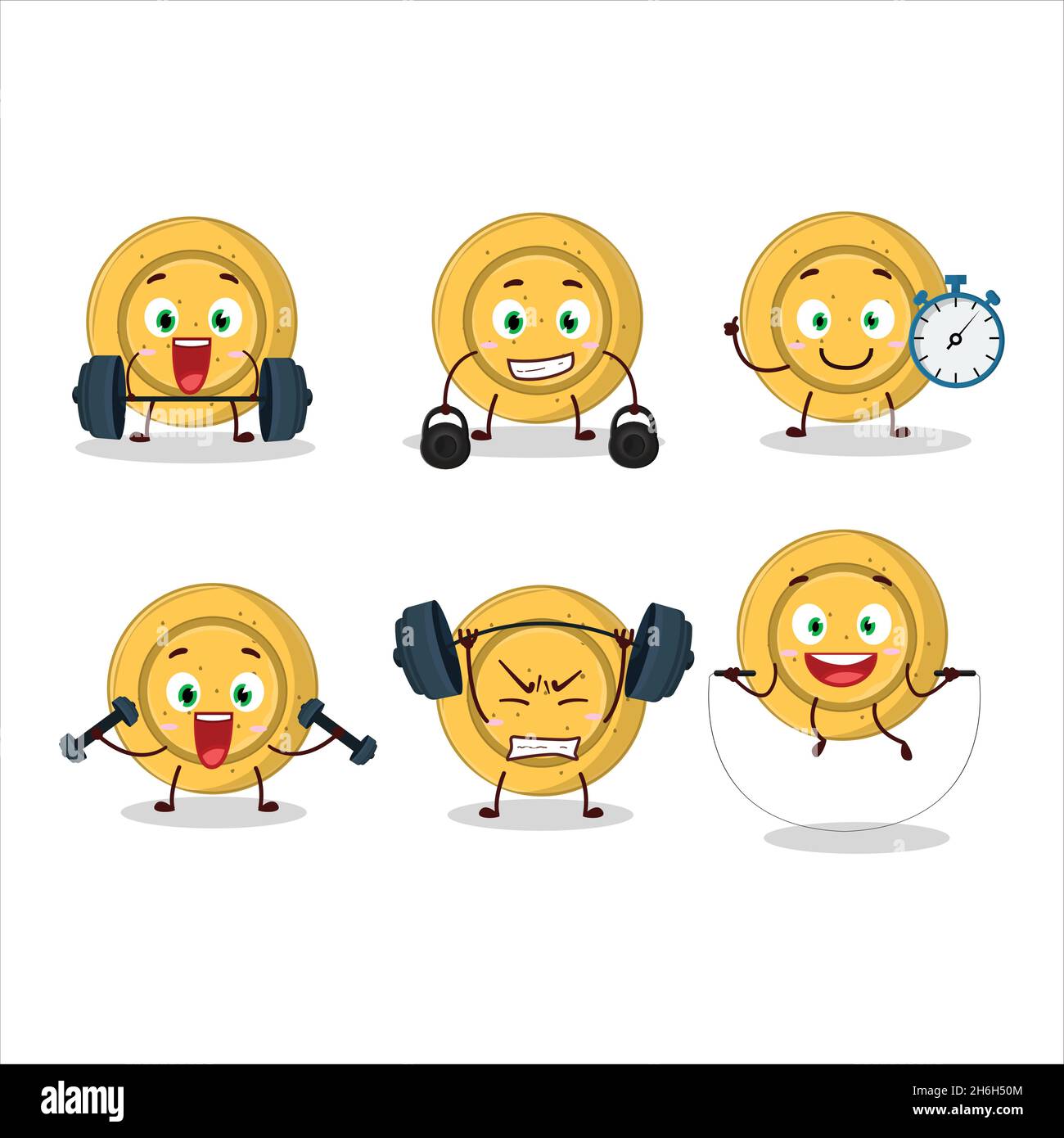 A healthy dalgona candy circle cartoon style trying some tools on ...