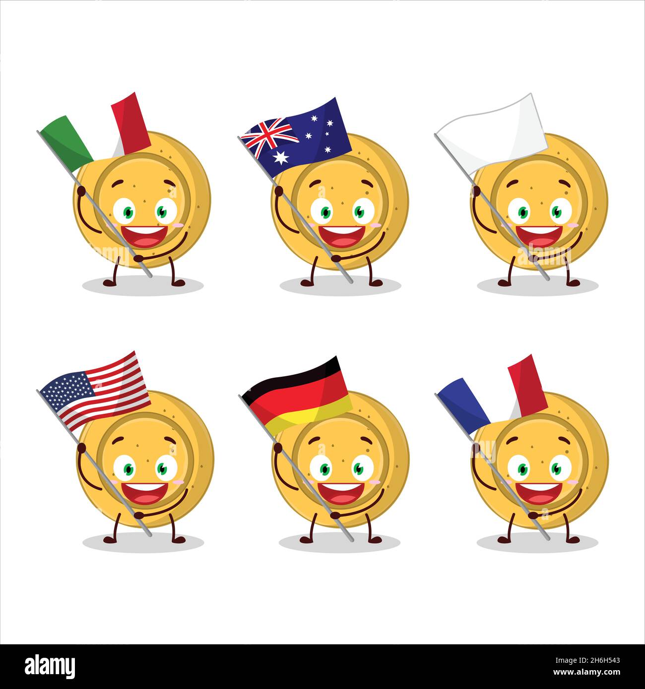 Dalgona candy circle cartoon character bring the flags of various ...