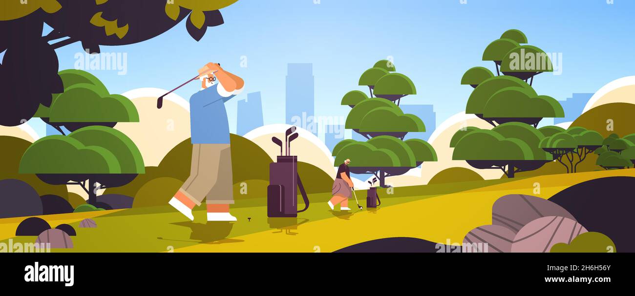 senior man playing golf on green golf course aged player taking a shot ...