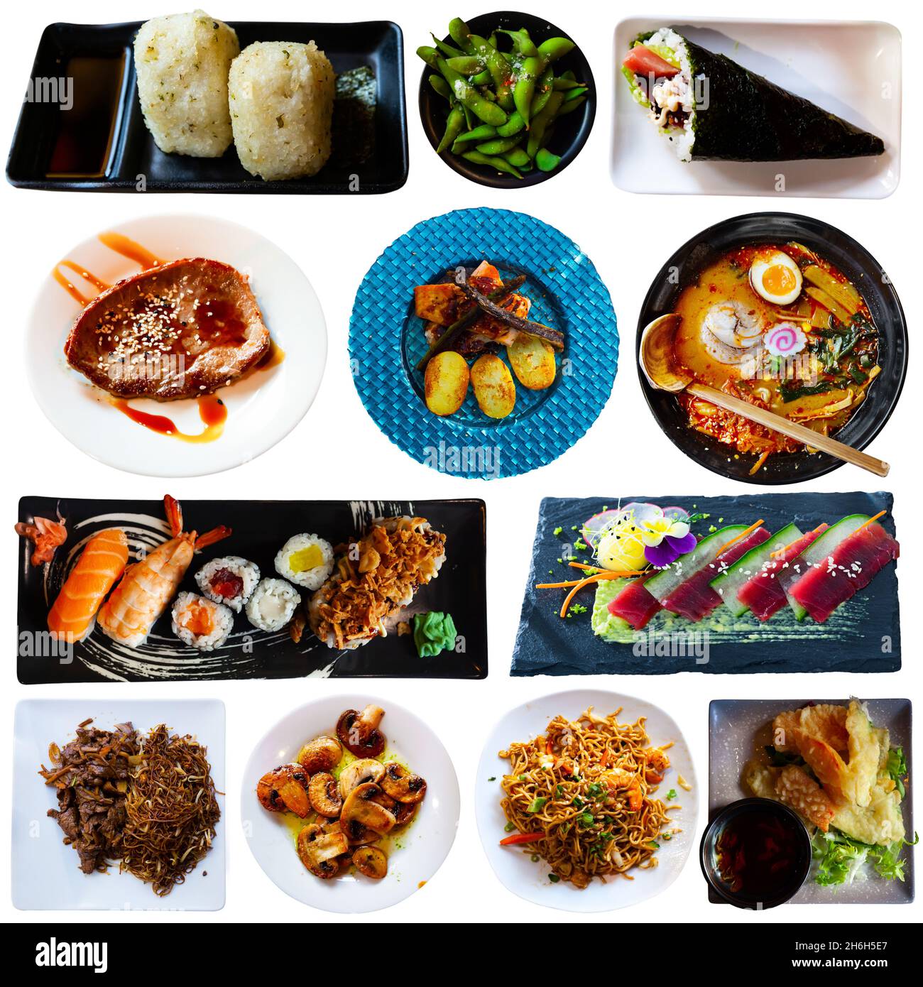 Collage of tasty Japanese dishes on white background Stock Photo - Alamy