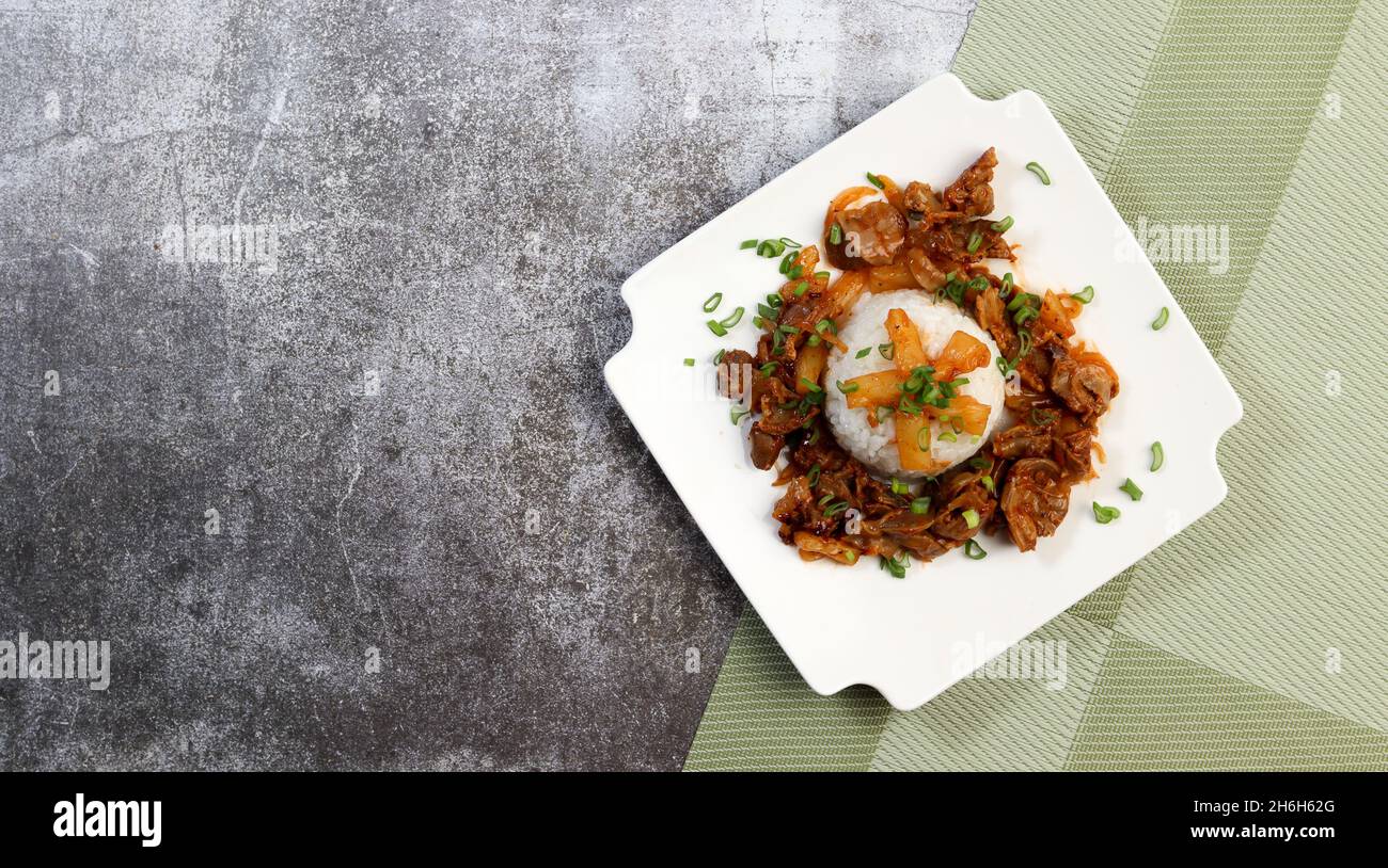 Stewed chicken gizzards with boiled rice on a square plate on a dark ...
