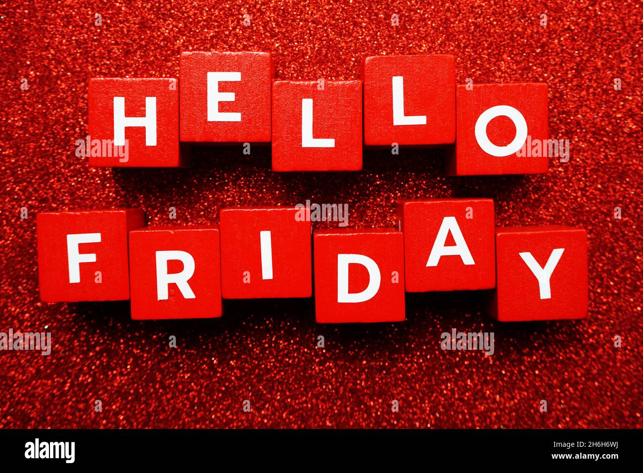 Hello Friday alphabet letter on red glitter background Stock Photo - Alamy