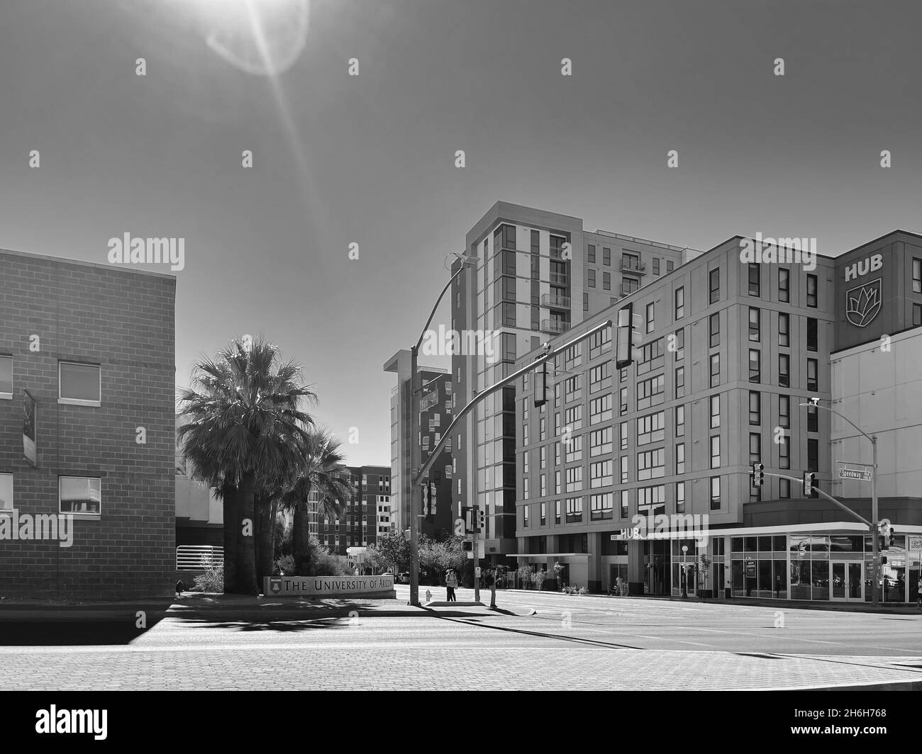 Modern buildings in Tucson near the University of Arizona, black and ...